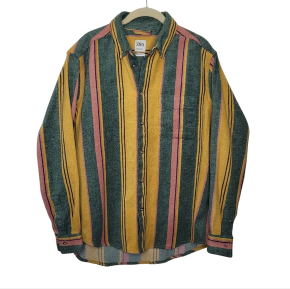 Zara | Shirts | Zara Mens Striped Shacket Shirt Jacket M Green Gold ...
